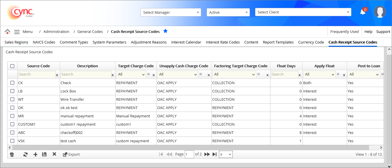 Cash Receipt Source Codes